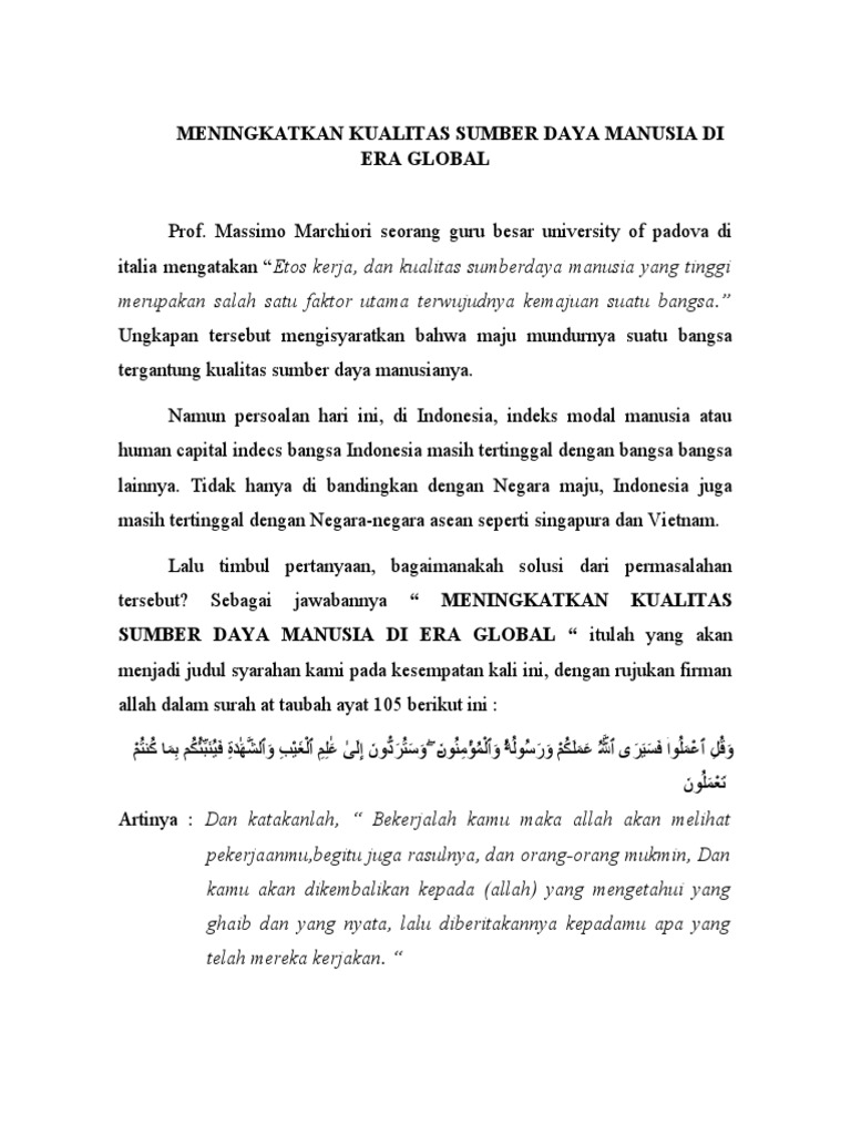 Meningkatkan Kualitas Sumber Daya Manusia Di Era Global | PDF