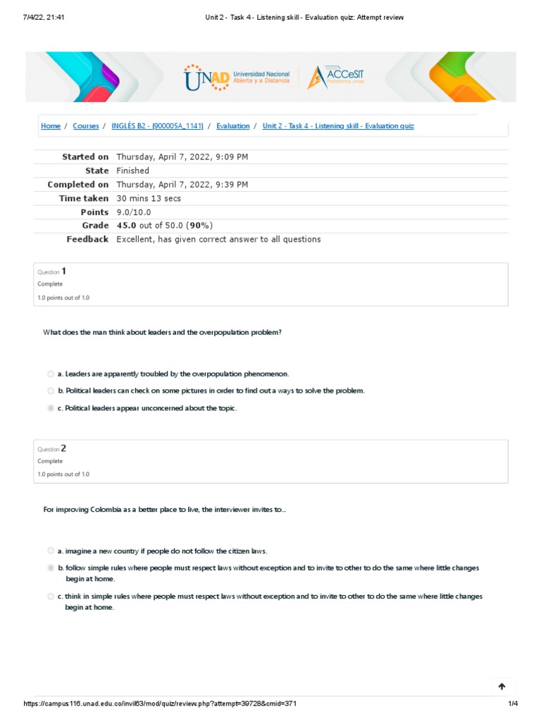 Unit 2 - Task 4 - Listening Skill - Evaluation Quiz - Attempt Review | PDF