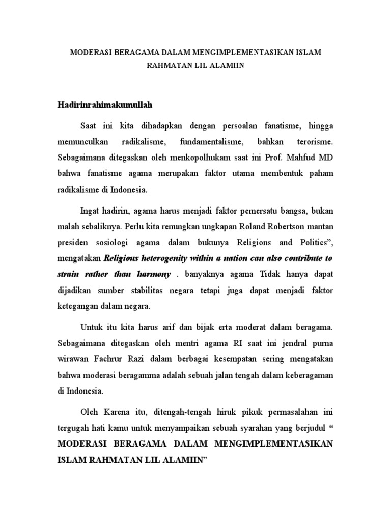 Moderasi Beragama Dalam Mengimplementasikan Islam Rahmatan Lil Alamiin | PDF