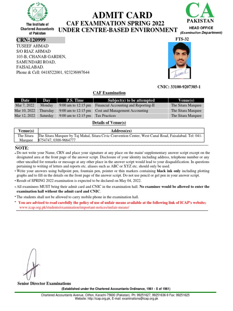 Admit Card: Caf Examination SPRING 2022 Under Centre-Based Environment ...