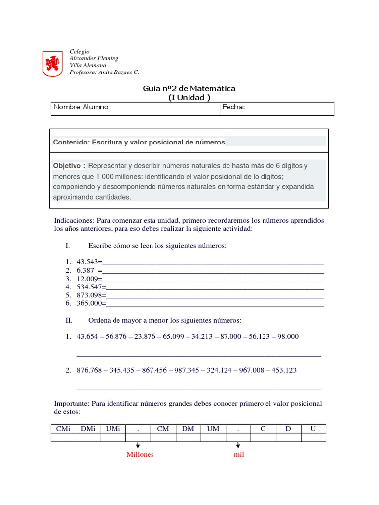 Escritura y Valor Posicional de Numeros 5 Basico | PDF