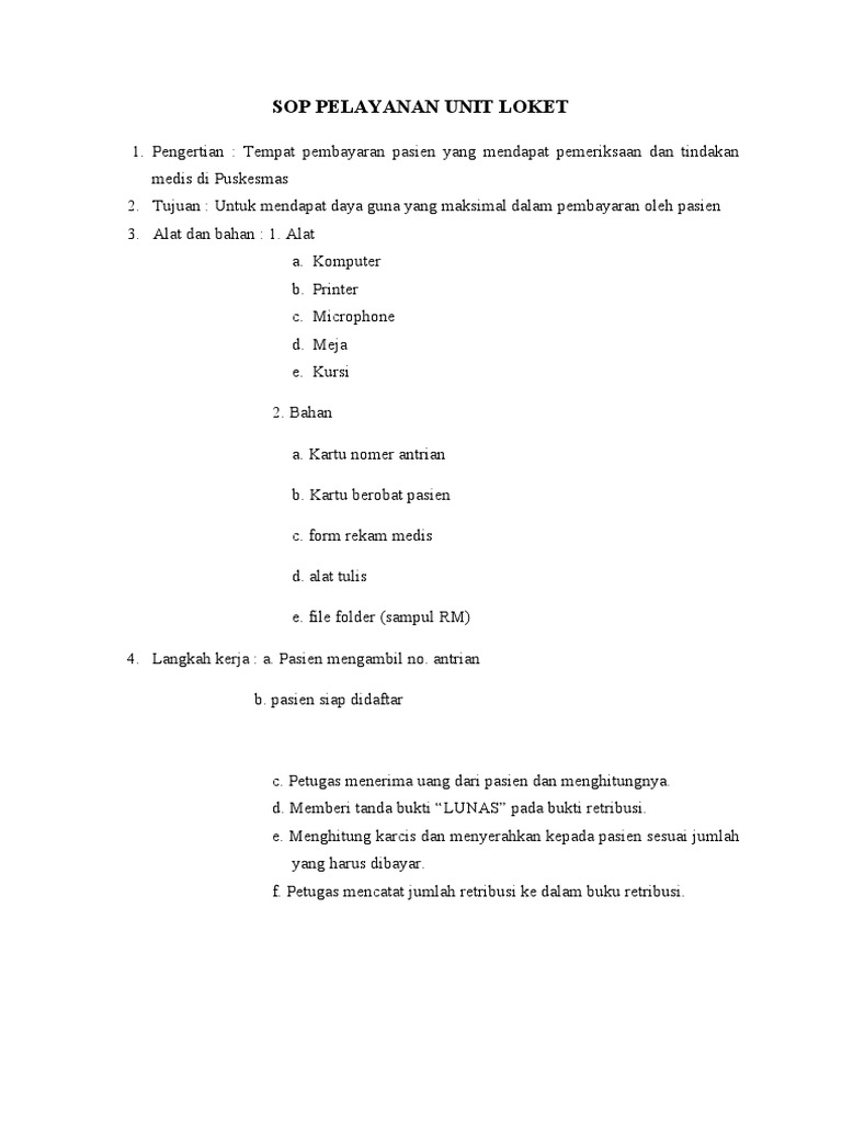 SOP Loket Pembayaran Puskesmas | PDF