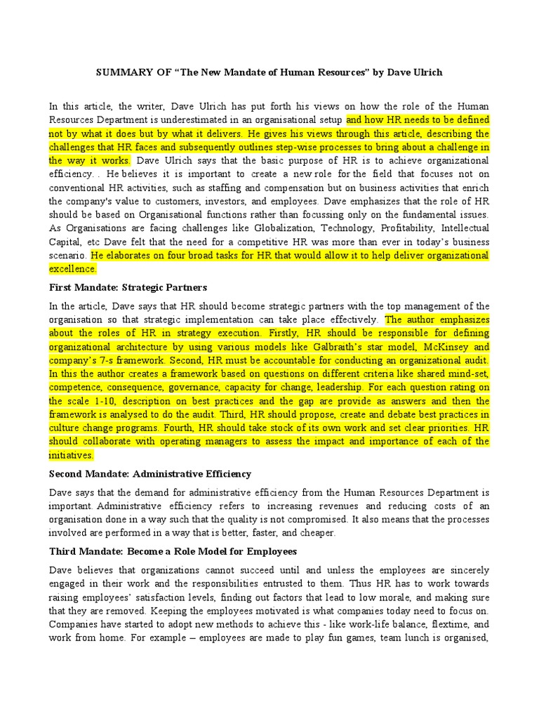 SUMMARY OF "The New Mandate of Human Resources" by Dave Ulrich | PDF ...