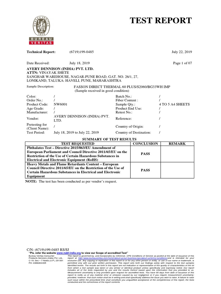 Test Report Summarizing Phthalates and Heavy Metals Testing of Thermal ...
