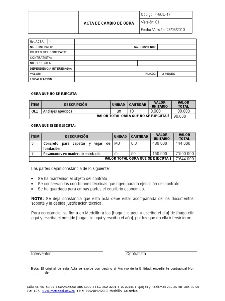 Acta de Cambio de Obra en Contrato | PDF
