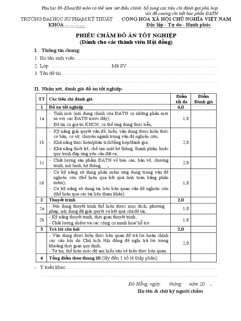 Phieu Cham Diem Do An Tot Nghiep | PDF