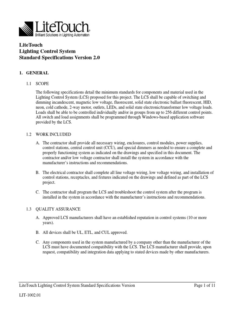 LiteTouch Lighting Control System Standard | PDF | Fluorescent Lamp | Relay