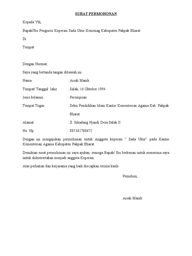 SURAT PERMOHONAN Koperasi | PDF