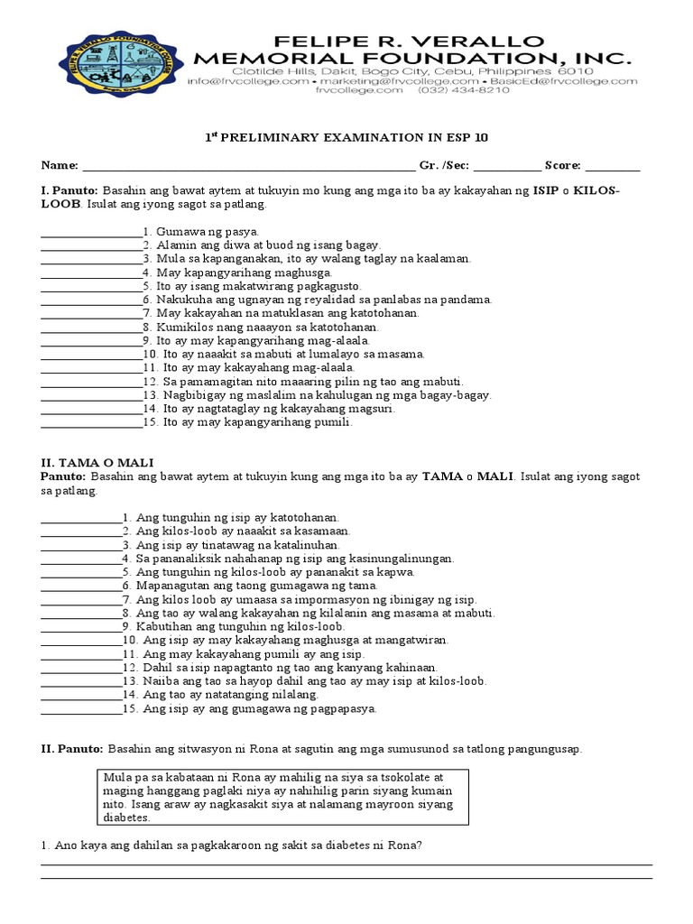 1ST Prelim Esp 10 | PDF