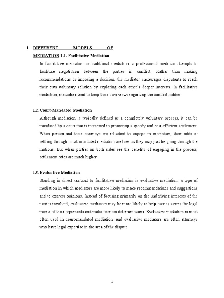 Different Models OF MEDIATION 1.1. Facilitative Mediation | PDF ...
