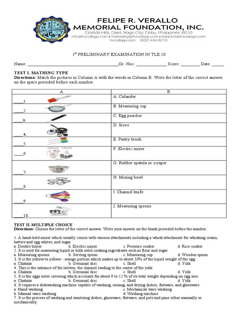 Test I. Mathing Type Directions: Match The Pictures in Column A With ...