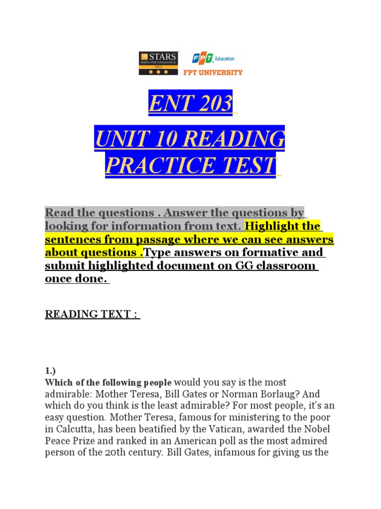 ENT 203 Unit 10 Reading Practice Test: Read The Questions - Answer The ...