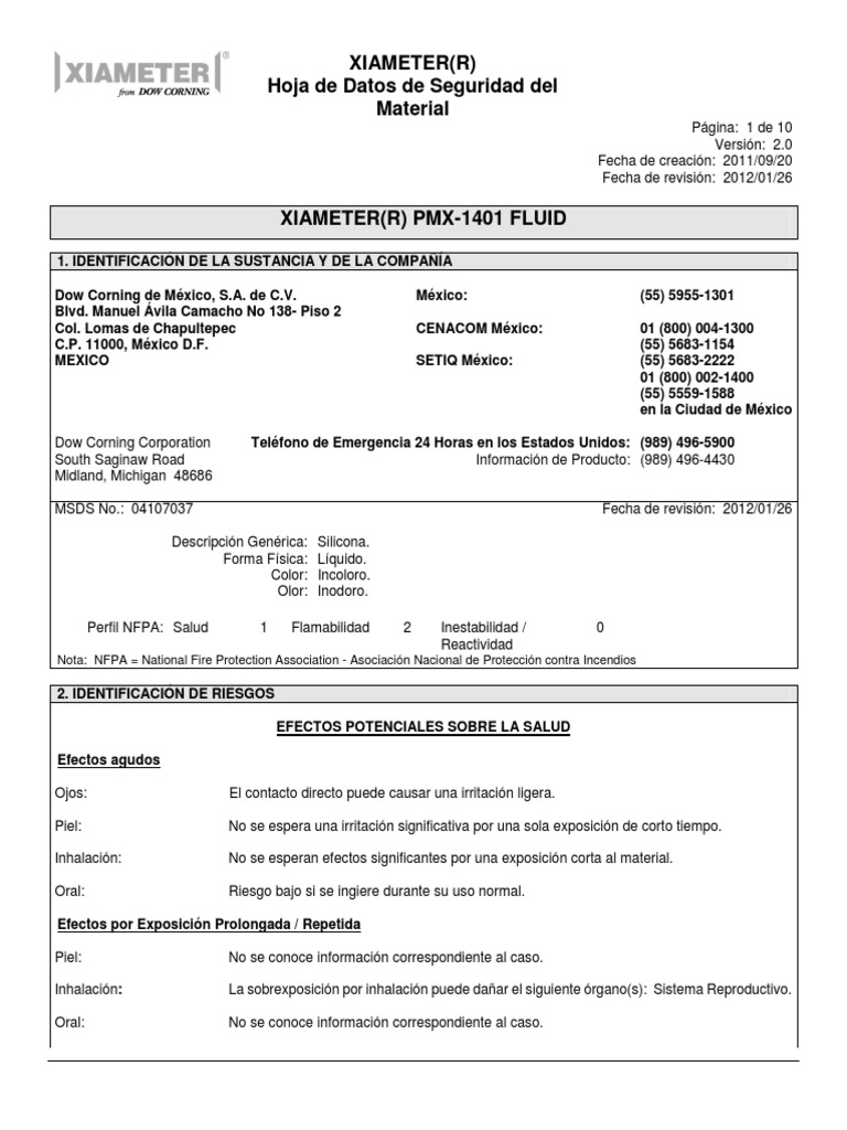PMX-1401 Fluid - Hoja de Seguridad - Xiameter | PDF