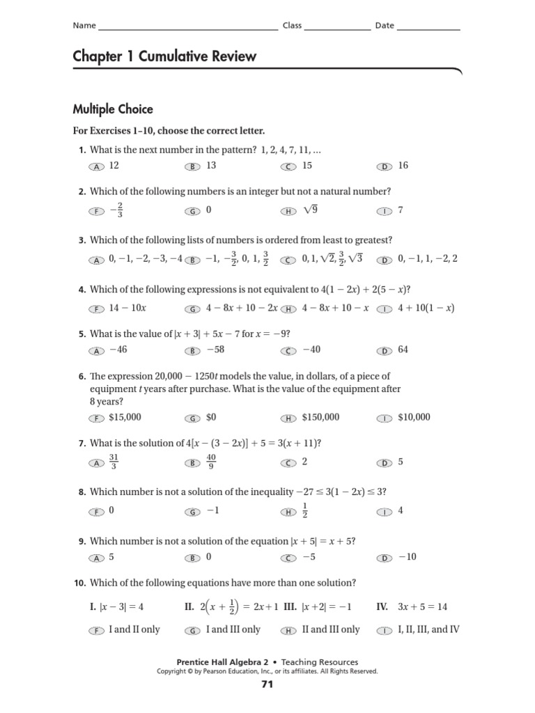 Chapter 1 Cumulative Review: Multiple Choice | PDF | Equations | Numbers