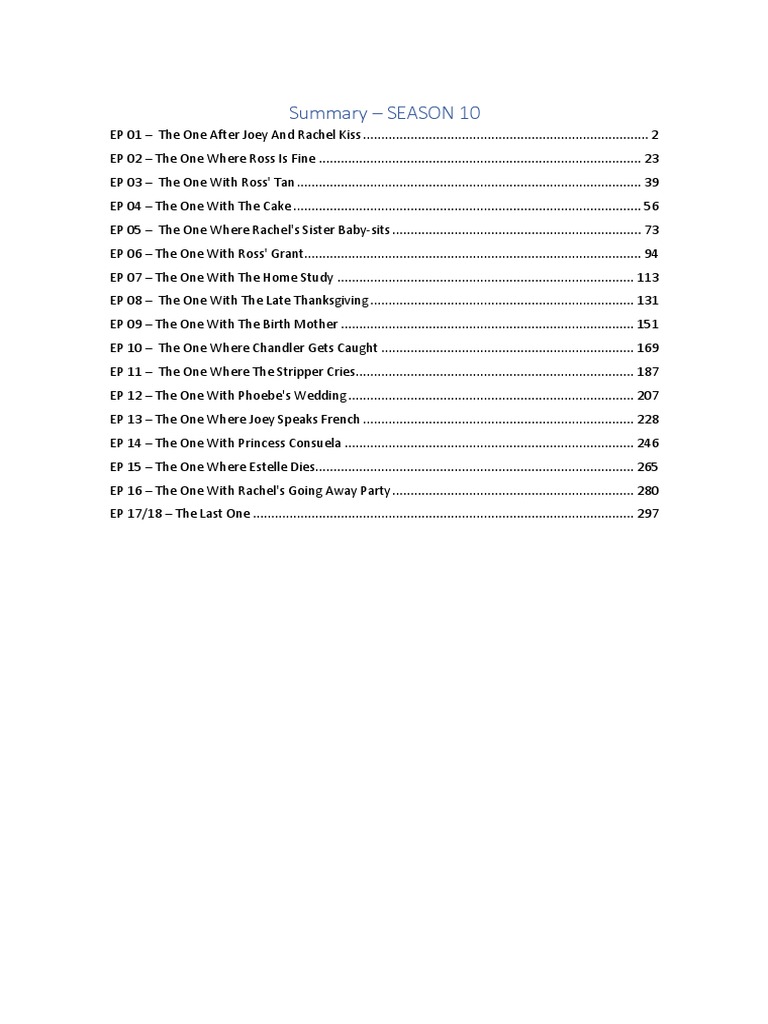 Friends Season 10 Episode Summaries | PDF | Friends