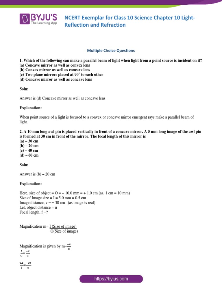 NCERT Exemplar Solution Class 10 Science Chapter 10 | PDF | Refractive ...