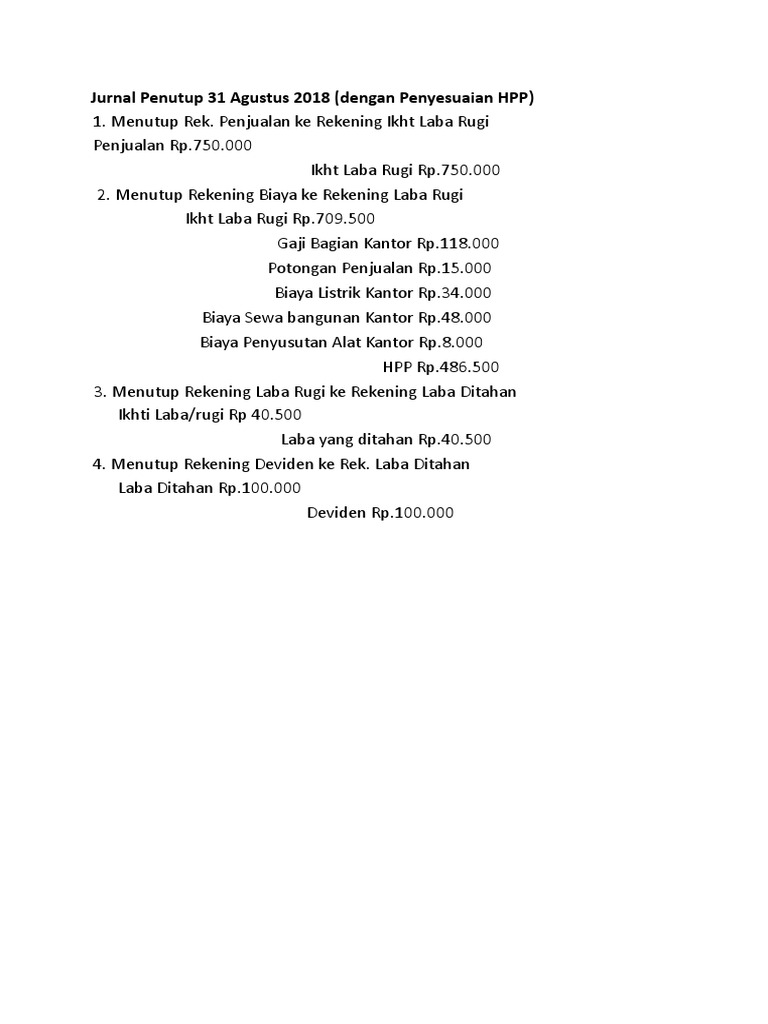Jurnal Penutup & HPP 31 Agustus 2018 | PDF | Bisnis | Pengelolaan Keuangan & Uang