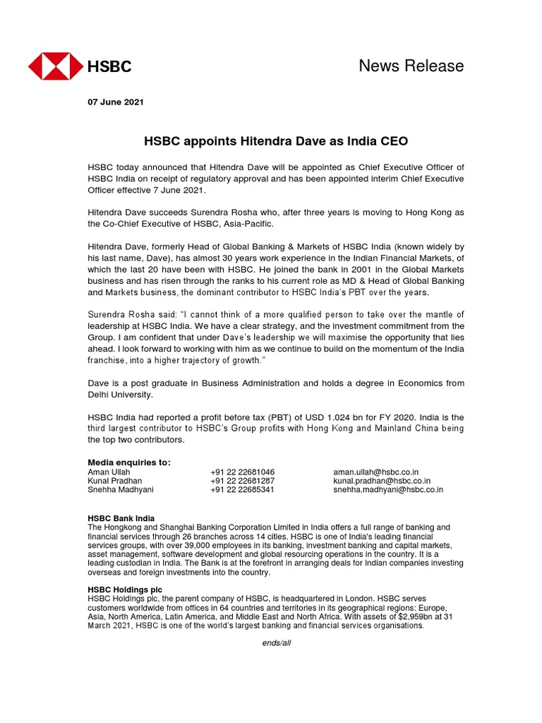 HSBC Ceo Appointment Press Release | PDF | Hsbc | Banks