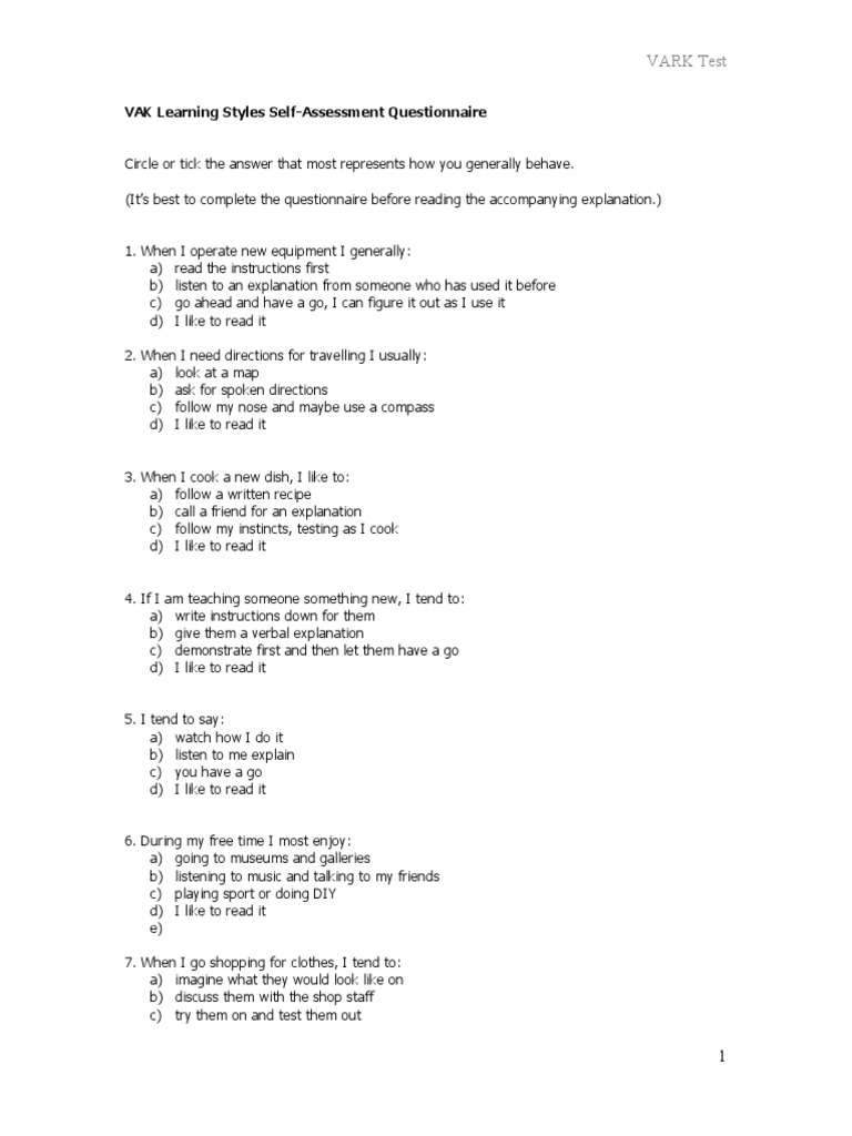 VAK Learning Styles Self-Assessment Questionnaire: VARK Test | PDF ...