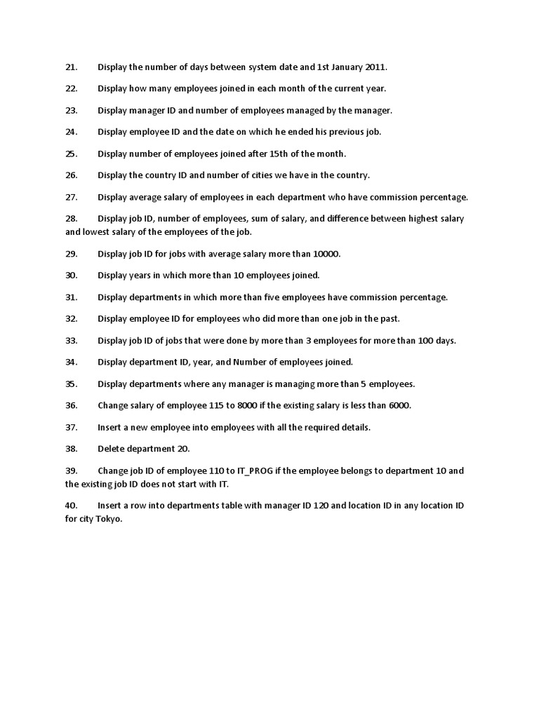 Oracle HR Queries 21 To 40 | PDF