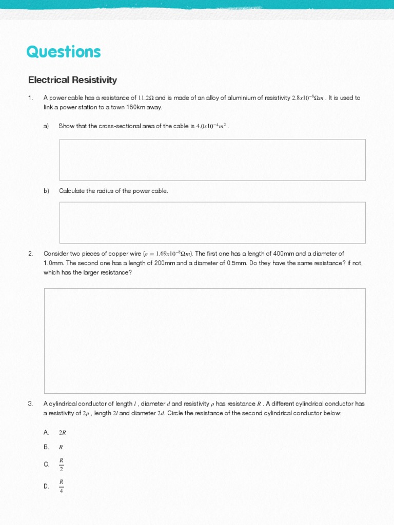 Electrical Resistivity Practice Problems | PDF | Electrical Resistance ...