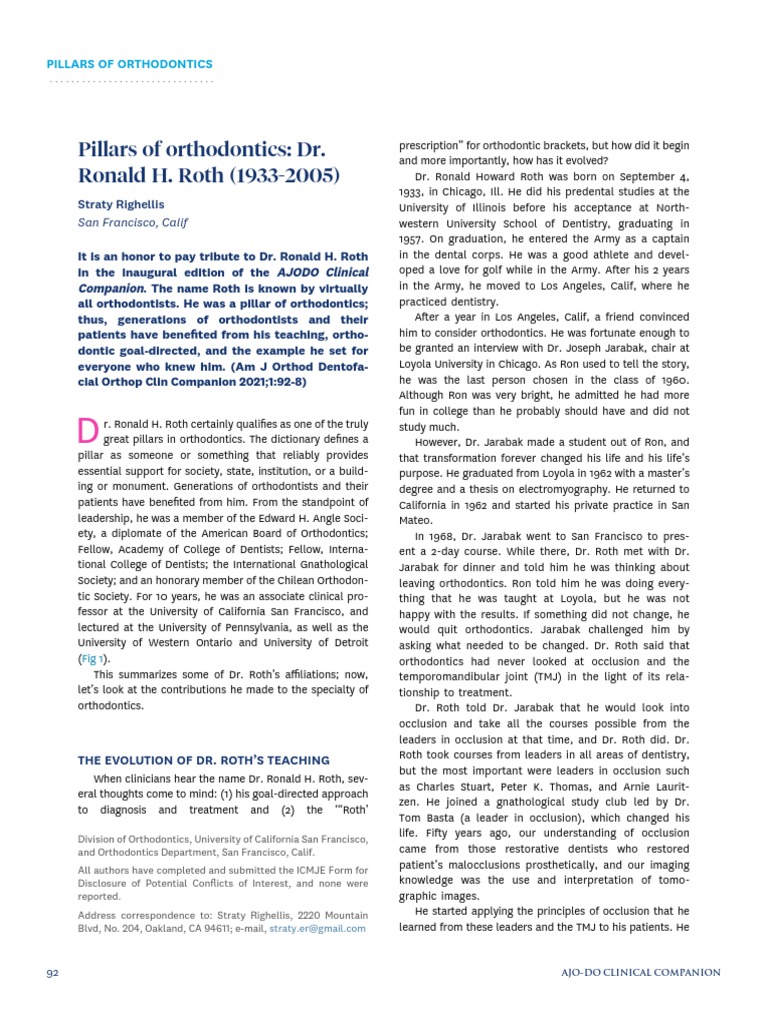 Pillars of Orthodontics: Dr. Ronald H. Roth (1933-2005) | PDF ...