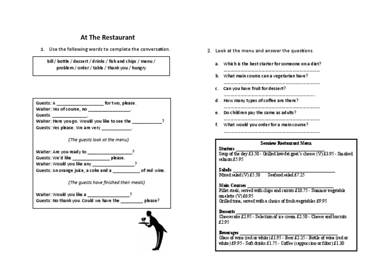 At The Restaurant: Use The Following Words To Complete The Conversation ...