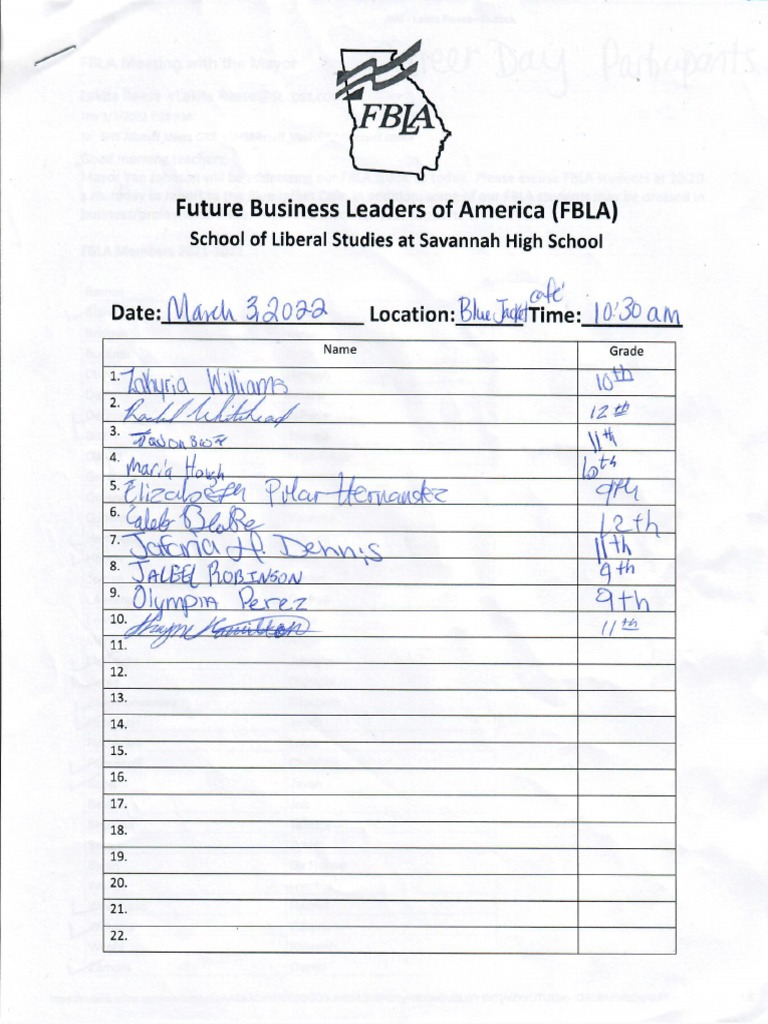 Fbla Sign in Sheet 3-3-22 | PDF
