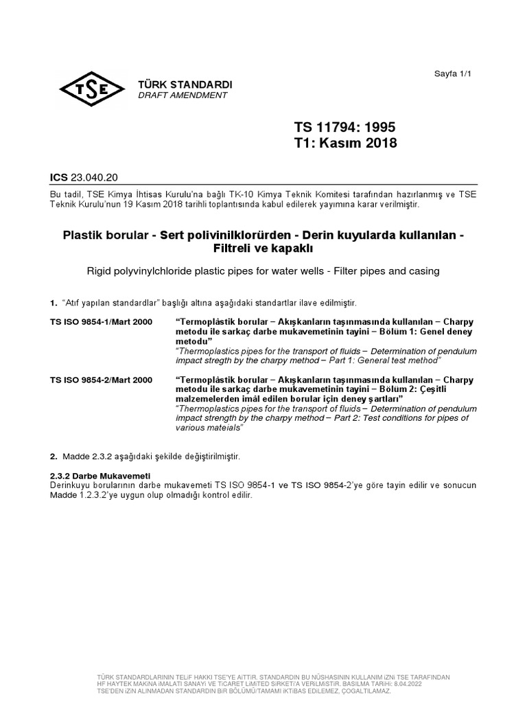 TS 11794: 1995 T1: Kasım 2018 | PDF