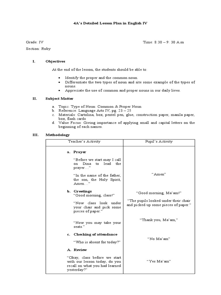 4a's Detailed Lesson Plan in English IV | PDF | Noun | Linguistics