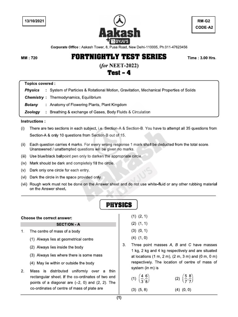 Aakash FT 04 Question Paper | PDF