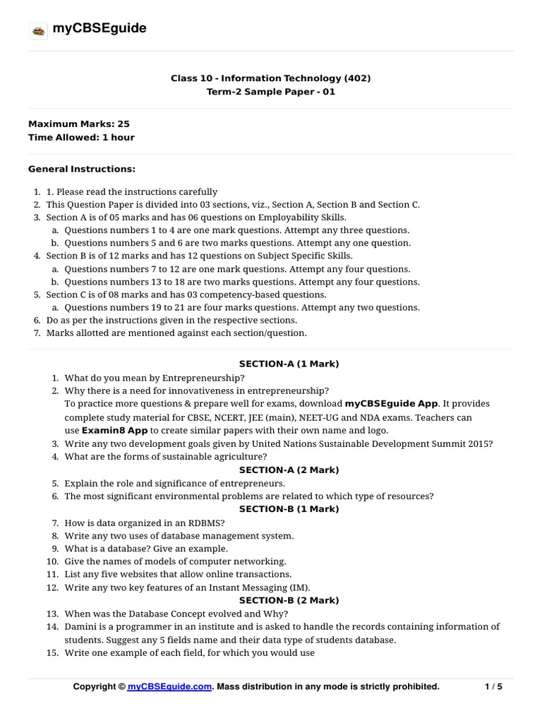 Term-2 Sample Paper For IT-402 (By MyCBSEGuide) | PDF | Databases ...