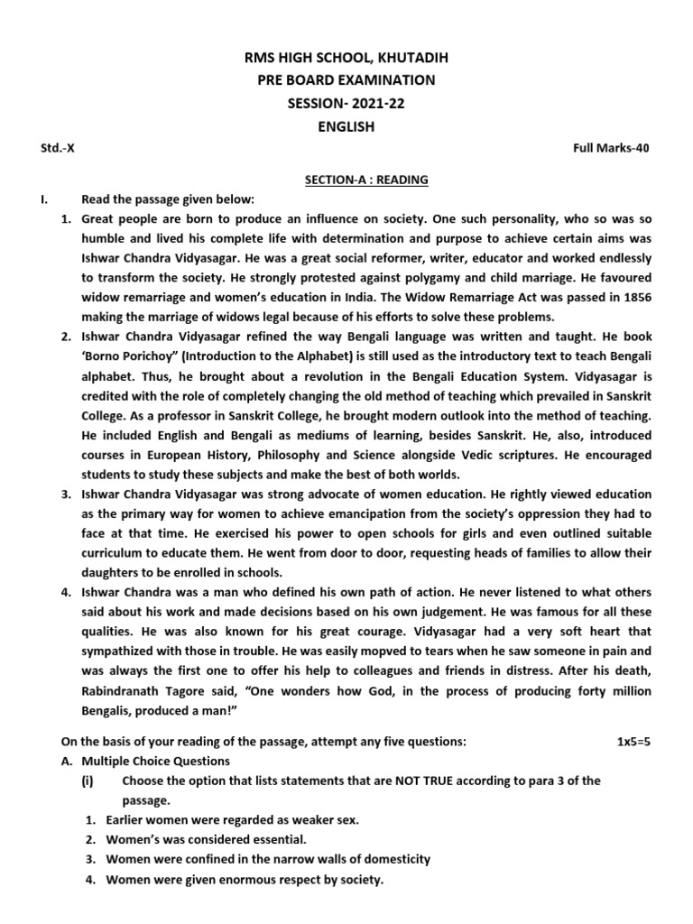 Rms High School, Khutadih Pre Board Examination SESSION-2021-22 English ...