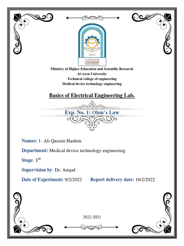 Basics of Electrical Engineering Lab: Exp. No. 1: Ohm's Law | Download ...