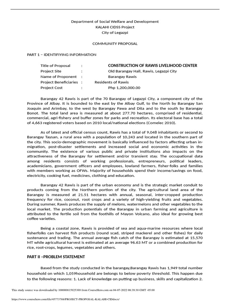 Rawis Livelihood Center Proposal | PDF | Agriculture | Poverty