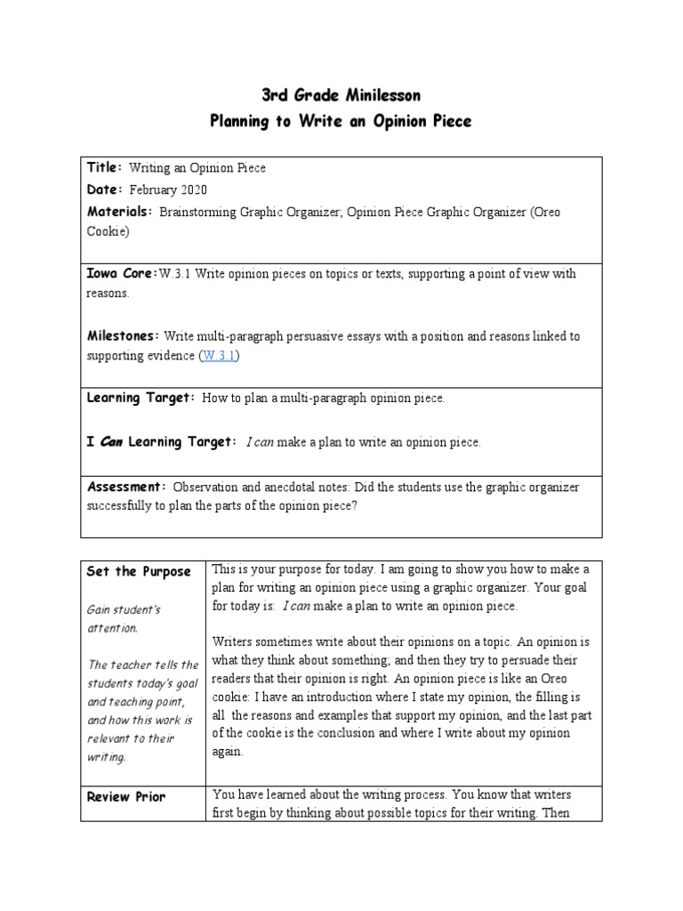 Opinion Writing Mini Lesson | PDF