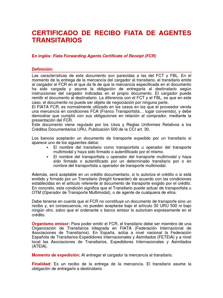 Certificado de Recibo Fiata de Agentes Transitarios: en Inglés: Fiata ...