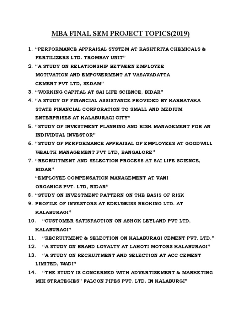 MBA Final Sem Project Topics 2020 | PDF | Bangalore | Marketing