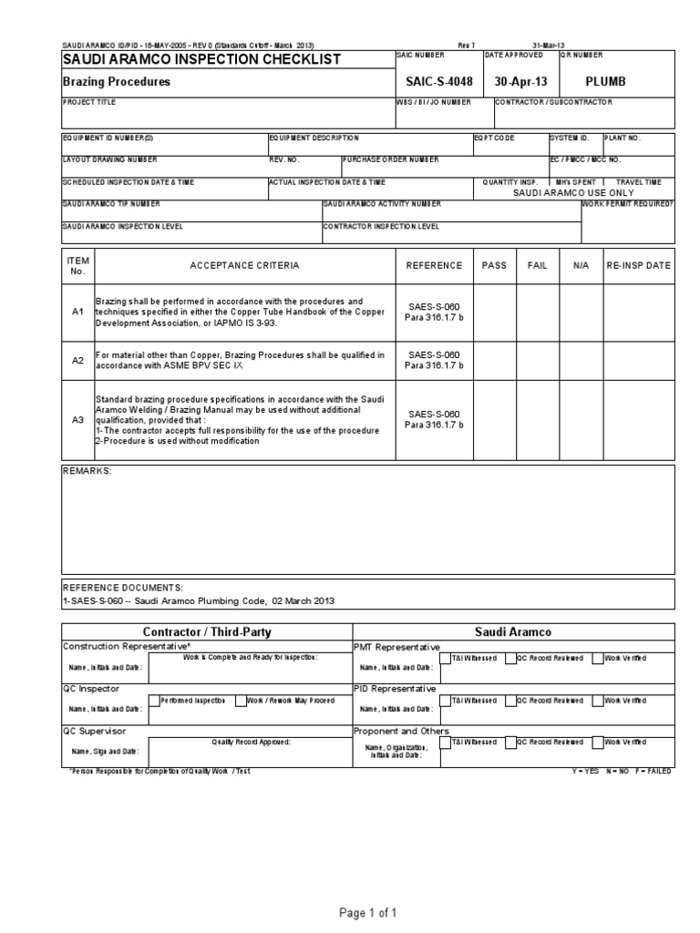 Saudi Aramco Inspection Checklist: Brazing Procedures SAIC-S-4048 30 ...