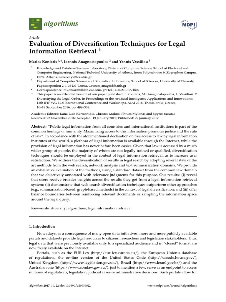 Algorithms Evaluation Of Diversification Techniques For Legal Information Retrieval Pdf