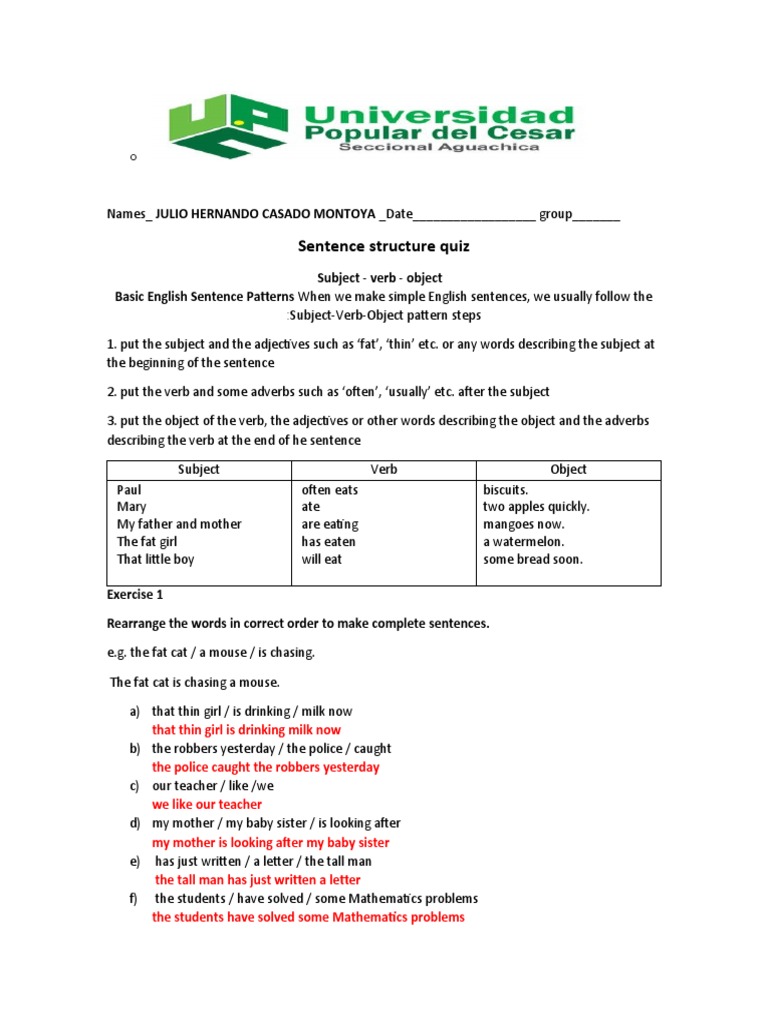 TASK 2 SUBJECTS, VERBS AND OBJECTS Julio | PDF | Subject (Grammar) | Verb