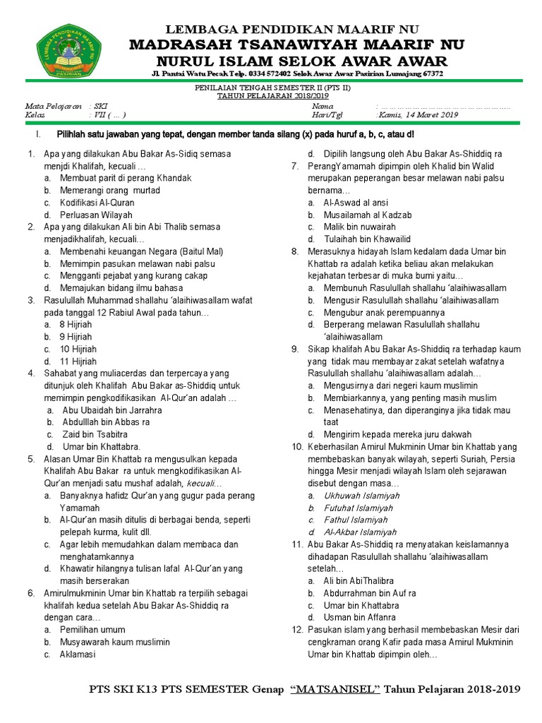 UTS SKI Kelas 7 | PDF