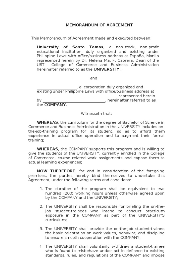 Memorandum of Agreement Template) | Employment | Government