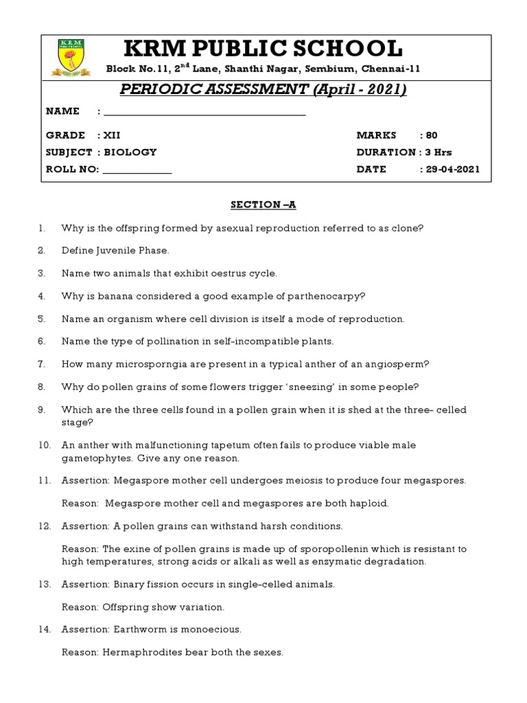KRM Public School: Periodic Assessment (April - 2021) | Download Free PDF | Sexual Reproduction ...