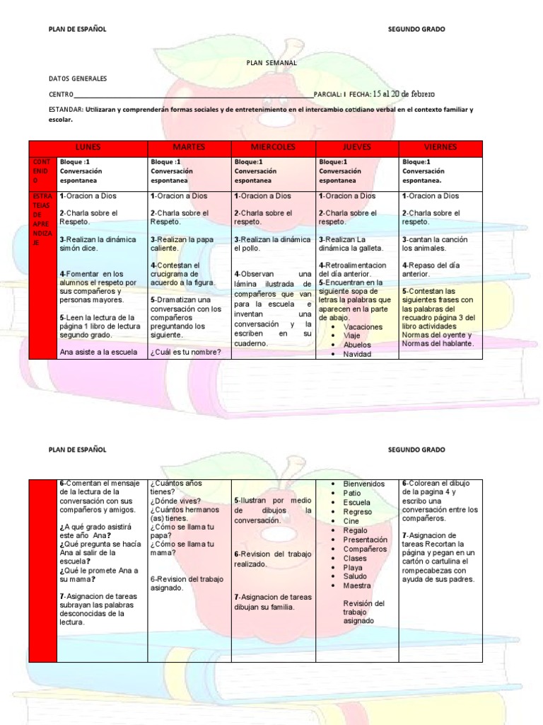 Planes de Clase Semanal Español (Segundo Grado) | PDF