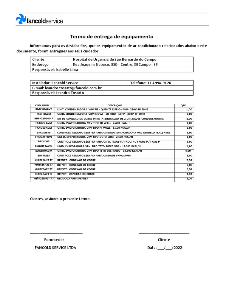 Termo de Entrega de Equipamento HU - SBC | PDF