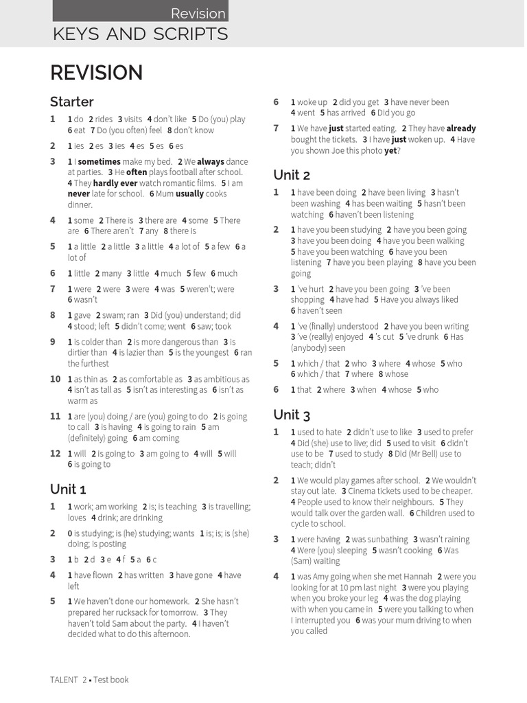 Talent Level 2 Revision Activities Answer Key | PDF