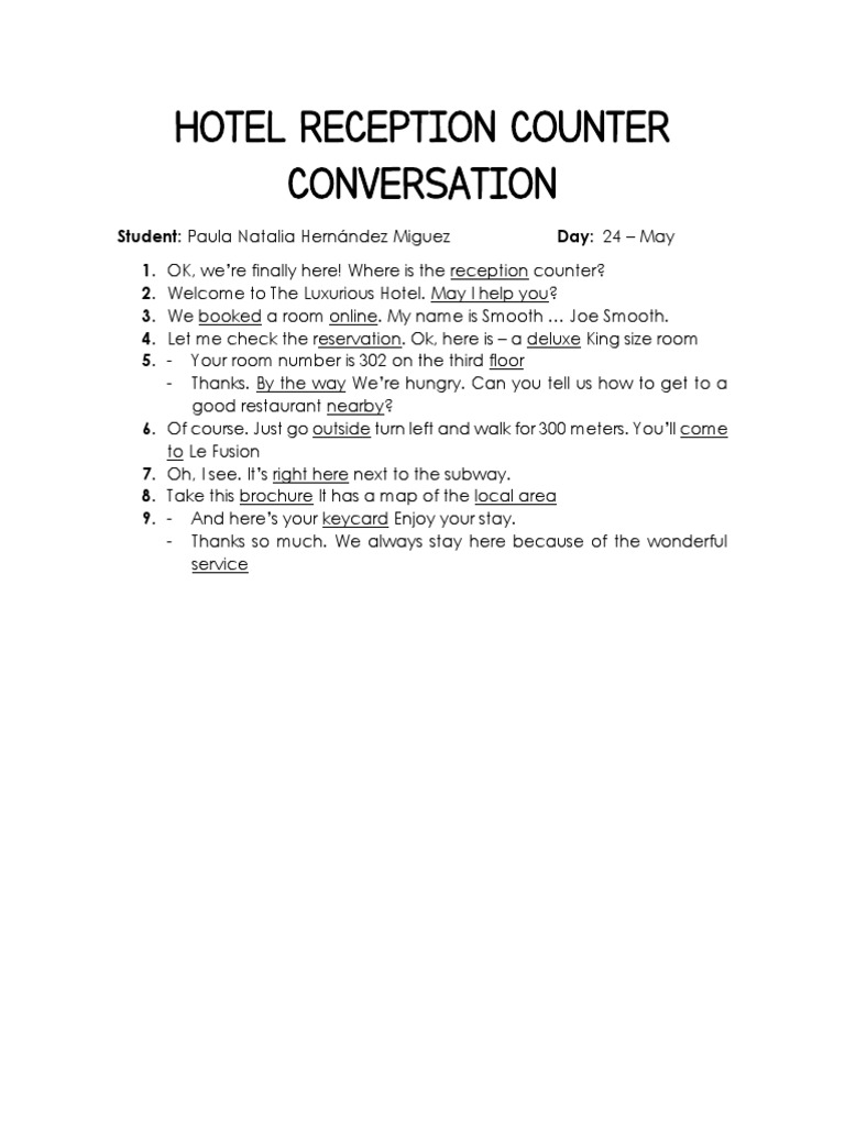 Hotel Reception Counter Conversation - Natalia Hernandez | PDF
