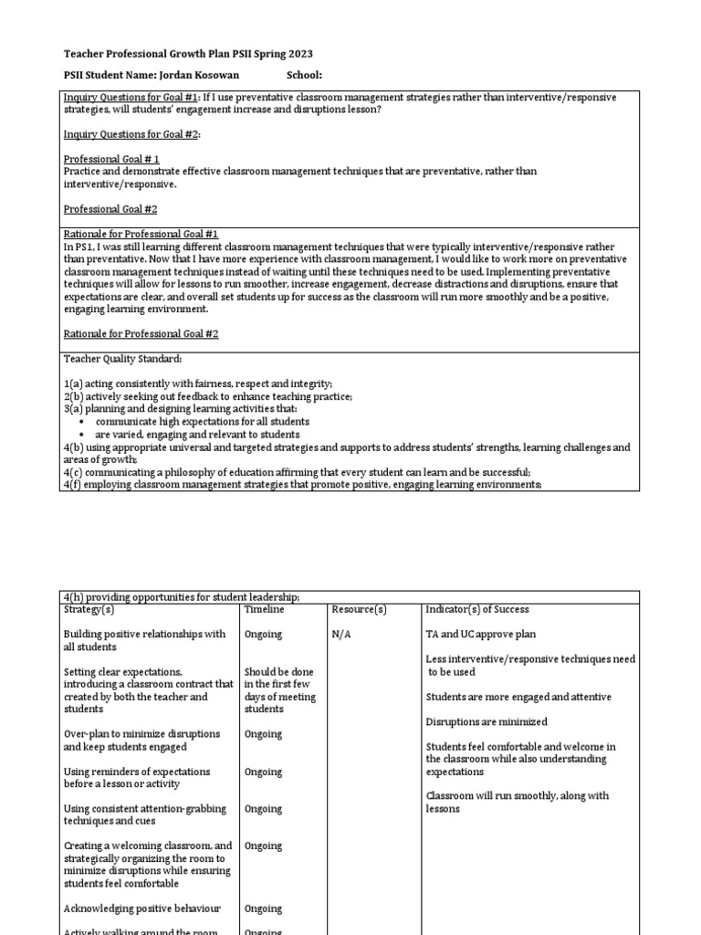 Professional Growth Plan Template | Download Free PDF | Classroom ...