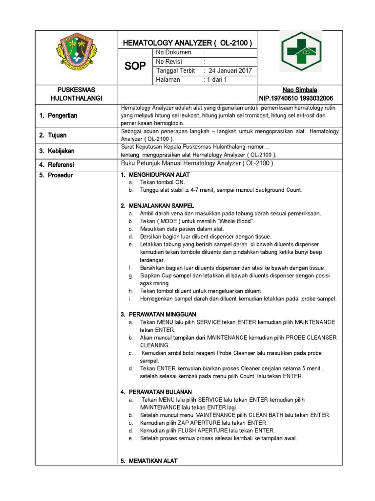 SOP Penggunaan Hematology Analyzer OL-2100 | PDF